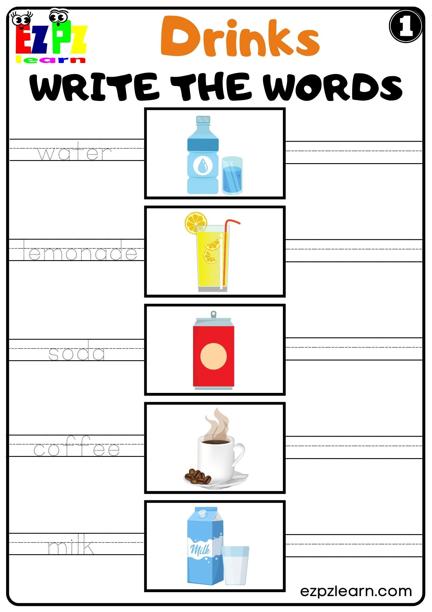 Drinks Write the Words Worksheet for K5 Kids and ESL Set 1 Free PDF Download - Ezpzlearn.com